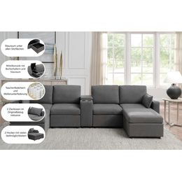 Wohnlandschaft "Ulrik, U-Form, Breite: 315cm", grau, B:315cm H:90cm T:136cm, 100% PES, ATLANTIC HOME COLLECTION, Sofas, Wohnlandschaft, mit Stauraum unter den Sitzen, inkl Stauraumkonsole mit Becherhaltern