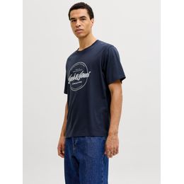 Jack & Jones Rundhalsshirt JACK & JONES "JJEDOVER DENIM TEE SS O-NECK SN", Jungen, Gr. S, blau (navy blazer), Jersey, Obermaterial: 100% Baumwolle, bedruckt, Rundhals, Shirts Rundhalsshirt, mit Logobranding