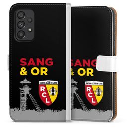 DeinDesign Galaxy A33 5G Handy Klapph&uuml;lle Handyh&uuml;lle aus Kunst Leder wei&szlig; Flip Case Racing Club De Lens Rcl Official Licensed Product Sideflip mit Lasche