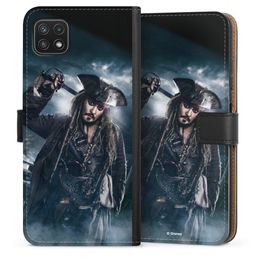 DeinDesign Galaxy A22 5G Handy Klapph&uuml;lle Handyh&uuml;lle aus Kunst Leder schwarz Flip Case Captain Jack Sparrow Official Licensed Product Fluch Der Karibik Sideflip 