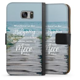 DeinDesign Galaxy S7 Handy Klapph&uuml;lle Handyh&uuml;lle aus Kunst Leder schwarz Flip Case Statement Beach Spruch Sideflip mit langer Lasche
