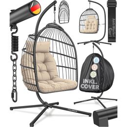 ELONEO H&auml;ngesessel mit Gestell und Premium Polster, H&auml;ngesessel Outdoor und Indoor inkl. Abdeckplane, H&auml;ngeschaukel Outdoor belastbar bis 160kg, Creme
