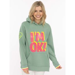 Hoodie Zwillingsherz "I'M OK", Damen, Gr. L/XL, iceberg gr&uuml;n, Sweatware, Obermaterial: 50% Baumwolle, 50% Polyester, Sweatshirts Hoodie, gro&szlig;er Print vorne, gestreifte &Auml;rmelb&uuml;ndchen, Herz Stickerei am Arm