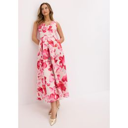 Maxikleid bonprix, Damen, Gr. 38, N-Gr, wei&szlig;, hellrot floral (l&auml;nge: regul&auml;r), Obermaterial: 100% Polyester, festlich, ausgestellt, Kleider Maxikleid, ausgestellte Passform, gl&auml;nzender Satin mit floralem Print, &auml;rmellos