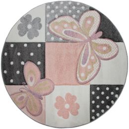Kinderteppich Paco Home "Cosmo 220", bunt (mehrfarbig), H:18mm &Oslash;:200cm, Polypropylen (PP), Teppiche, Kinderteppich, 3D-Design, Patchwork Muster, niedliches Motiv Schmetterlinge & Punkte