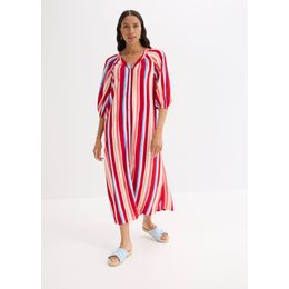 Tunikakleid bonprix, Damen, Gr. 44, N-Gr, mohnrot, helllachs, wei&szlig; gestreift, Obermaterial: 100% Viskose, loose fit, Kleider, aus Viskose, mit Knopfleiste, Loose Fit, gestreift