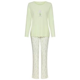 Pyjama Lascana, Damen, Gr. 32/34, gr&uuml;n (salbei), Single Jersey, Obermaterial: 50% Baumwolle, 50% Viskose, bedruckt, unifarben, bequem h&uuml;ftlang, Rundhals, eingesetzt Babylock kontrastfarben, Homewear-Sets Pyjama
