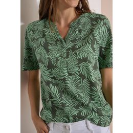T-Shirt Cecil, Damen, Gr. XXL (46), khaki, Web, 100% Baumwolle, gemustert, comfort fit normal, Rundhals, normaler Saum, Shirts T-Shirt, mit geschlitztem Rundhalsausschnitt