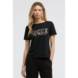 Rundhalsshirt SOCCX, Damen, Gr. L, schwarz, Single Jersey, Material: 95% Baumwolle, 5% Elasthan, bedruckt, regular fit normal, U-Boot-Ausschnitt, eingesetzt gerader Abschluss, Shirts Rundhalsshirt, mit Necktape