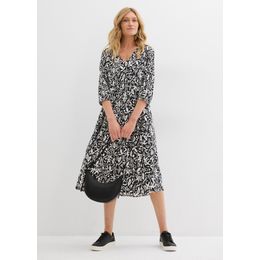 Midikleid bonprix, Damen, Gr. 40, N-Gr, schwarz, wollwei&szlig; bedruckt, Obermaterial: 100% Viskose, regular fit, Kleider Midikleid, aus Viskose, Midil&auml;nge, Regular Fit, mit Taschen