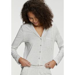 Pyjamaoberteil Lascana, Damen, Gr. 32/34, grau meliert, Single Jersey, Obermaterial: 50% Baumwolle, 50% Viskose, meliert, unifarben mit Farbeinsatz, bequem h&uuml;ftlang, V-Ausschnitt, eingesetzt Manschette, Shirts, mit Kontrastpaspeln