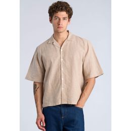Leinenhemd LINDBERGH "Leinenhemd (Kurzarm) Cropped, Regular Box Fit", Herren, Gr. S, Normalgr&ouml;&szlig;en, sand, Obermaterial: 55% Leinen, 45% Baumwolle, Hemden