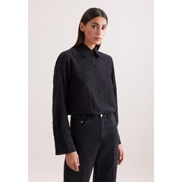 Hemdbluse Seidensticker, Damen, Gr. M (38), schwarz, 60% Baumwolle, 40% Ramie, unifarben, regular fit, ohne Ausschnitt, Blusen Hemdbluse, 1/1 Kragen Stickerei
