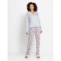 Pyjama Vivance Dreams, Damen, Gr. 32/34, hellblau gemustert, Single Jersey, Obermaterial: 100% Baumwolle, gemustert, kontrastfarbene Details, mehrfarbig, loose fit h&uuml;ftlang, V-Ausschnitt, eingesetzt Manschette, Homewear-Sets Pyjama, mit bedruckter Hose