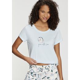 Pyjamaoberteil s.Oliver, Damen, Gr. 36/38, blau, Single Jersey, Obermaterial: 50% Baumwolle, 50% Viskose, bedruckt, unifarben, h&uuml;ftlang, Rundhals, eingesetzt Aufschlag, Shirts, mit kurzen &Auml;rmeln mit Aufschlag