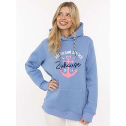 Hoodie Zwillingsherz "Beach Home", Damen, Gr. L, mittelblau, Sweatware, Obermaterial: 50% Baumwolle, 50% Polyester, Sweatshirts Hoodie, Motiv &bdquo;Am Strand bin ich zu Hause&ldquo;, Anker, Kapuze mit Kordel