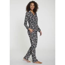 Pyjama s.Oliver, Damen, Gr. 44/46, anthrazit gebl&uuml;mt, Single Jersey, Obermaterial: 50% Baumwolle, 50% Viskose, gebl&uuml;mt, Basic, loose fit lang, V-Ausschnitt, Manschette, Homewear-Sets Pyjama, in klassischem Schnitt