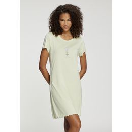Nachthemd Lascana, Damen, Gr. 32/34, N-Gr, salbei, Single Jersey, Obermaterial: 50% Baumwolle, 50% Viskose, bedruckt, unifarben, bequem kurz, Rundhals, eingesetzt Babylock kontrastfarben, Kleider Nachthemd