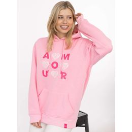 Hoodie Zwillingsherz "AMOUR", Damen, Gr. L/XL, pink, Sweatware, Obermaterial: 50% Baumwolle, 50% Polyester, Sweatshirts Hoodie, gesticktes Motiv mit Herzen und Spitze, Kapuze, K&auml;ngurutasche