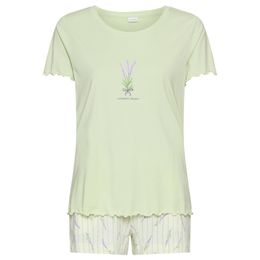 Shorty Lascana, Damen, Gr. 32/34, salbei, Single Jersey, Obermaterial: 50% Baumwolle, 50% Viskose, bedruckt, unifarben, bequem h&uuml;ftlang, Rundhals, eingesetzt Babylock kontrastfarben, Homewear-Sets Shorty