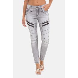 Cipo & Baxx 5-Pocket-Jeans CIPO & BAXX "WD501", Damen, Gr. 27, L&auml;nge 34, grau, 97% Baumwolle, 3% Elasthan, unifarben, slim fit lang, Jeans 5-Pocket-Jeans, Auff&auml;llige Zipp-Details & Ziern&auml;hte