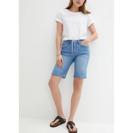 Bermudas bonprix, Damen, Gr. 38, N-Gr, mittelblau denim used (l&auml;nge: regul&auml;r), Obermaterial: 82% Baumwolle, 17% Polyester, 1% Elasthan, slim fit, Hosen Bermudas, schmale Passform, elastisches Material, mit Bindeband