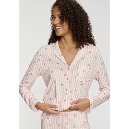 Pyjamaoberteil Vivance Dreams, Damen, Gr. 32/34, rosa gestreift, Single Jersey, Obermaterial: 50% Baumwolle, 50% Viskose, bedruckt, gestreift, bequem h&uuml;ftlang, V-Ausschnitt, eingesetzt abgesteppte Kante, Shirts, mit s&uuml;&szlig;em Streifen- und Fr&uuml;chtedruck