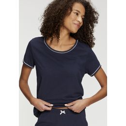 Pyjamaoberteil Lascana, Damen, Gr. 32/34, schwarz, Single Jersey, Obermaterial: 50% Baumwolle, 50% Viskose, unifarben mit Farbeinsatz, Basic, loose fit h&uuml;ftlang, Rundhals, eingesetzt paspeliert kontrastfarben, Shirts, mit Kontrastpaspeln