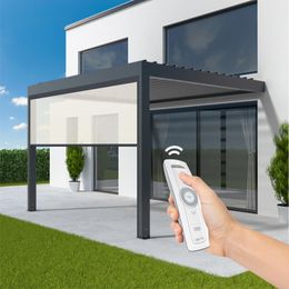 Pergola mit Wind- und Regensensor, Anbaupergola, Aluminium, Gestell Anthrazit, Zip-Screen vorne Wei&szlig;, 1000x1600 mm, individuell konfigurieren