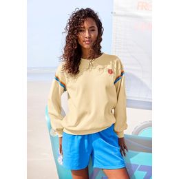 BENCH. LOUNGEWEAR Sweatshirt hellgelb Gr. 32/34 f&uuml;r Damen. Rundhals und Schriftz&uuml;ge, Druck. Bequem. Nachhaltig.