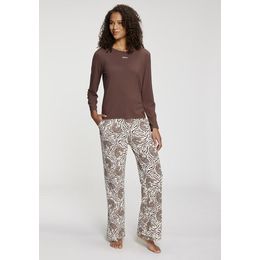 s.Oliver Pyjama braun Gr. 32/34 f&uuml;r Damen. Rundhals und Print. Weit. Nachhaltig.