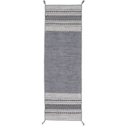Teppich CarpetFine "Kelim Azizi, auch als L&auml;ufer erh&auml;ltlich", grau, B:80cm H:5mm L:500cm, Baumwolle, Teppiche, Teppich, handgewebt, Baumwolle, Wendeteppich mit Fransen, Fleckerl, Wohnzimmer