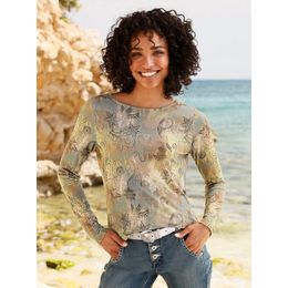 Langarmshirt Heine "Druck-Shirt", Damen, Gr. 34, jade, graphit, bedruckt, 95% Viskose, 5% Elasthan, Paisley, bedruckt, gemustert, mehrfarbig, U-Boot-Ausschnitt, Shirts Langarmshirt