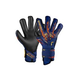 Torwarthandschuhe Reusch "Attrakt Duo Evolution", Damen, Gr. 10, bunt (goldfarben, blau), 74% Elastodien, 21% Polyester, 5% Polyamid, mehrfarbig, Handschuhe, mit Evolution Cut