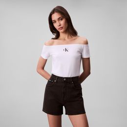 Blusentop Calvin Klein Jeans "MNGRM OFF SHLDR STRT", Damen, Gr. L (42), wei&szlig; (brilliant wei&szlig;), Web, Obermaterial: 95% Baumwolle, 5% Elasthan, unifarben, k&ouml;rpernah normal, tiefer Rundhals, abgesteppte Kante, Blusen Blusentop, Mit tiefem Rundhalsausschnitt