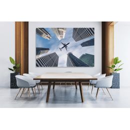 XXL-Wandbild queence "Akustikbild Flugzeug Wolkenkratzer", blau (farbe bild(er): blau), B:120cm H:80cm T:2,5cm, Polyester, Bilder, Einfache Akustikl&ouml;sung ohne Bauma&szlig;nahme, Schalld&auml;mmung, Paneele