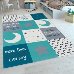 Kinderteppich Paco Home "Aleyna 101", blau (t&uuml;rkis), B:80cm H:6mm L:150cm, Polyester, Teppiche, Kinderteppich, Kurzflor, Kinder Design, Motiv Mond & Sterne, Kinderzimmer