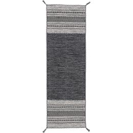 Teppich CarpetFine "Kelim Azizi, auch als L&auml;ufer erh&auml;ltlich", schwarz, B:75cm H:5mm L:240cm, Baumwolle, Teppiche, Teppich, handgewebt, Baumwolle, Wendeteppich mit Fransen, Fleckerl, Wohnzimmer