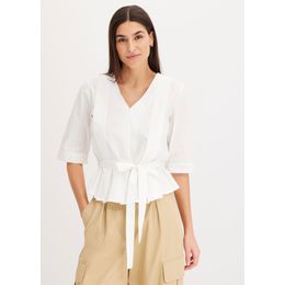 Langarmbluse bonprix, Damen, Gr. 52, wei&szlig;, Obermaterial: 100% Baumwolle, gerade, Blusen, aus Baumwolle, gerade Passform, mit feinen Faltendetails, ohne Kragen