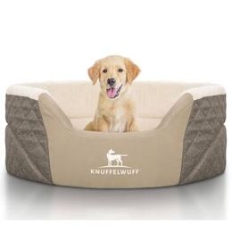 Knuffelwuff Orthop&auml;disches Hundebett Lena aus Velours und Kunstleder mit hohem Schaumstoffrand braun/ beige M-L