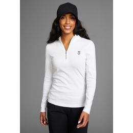 Langarmshirt DELMAO, Damen, Gr. 48/50 (XL), wei&szlig;, Rippware, Obermaterial: 100% Baumwolle, bedruckt, clean, unifarben, sehr figurbetont h&uuml;ftbedeckend, Rundhals, Shirts Langarmshirt, mit Troyer-Kragen