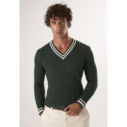 V-Ausschnitt-Pullover FELIX HARDY "Basic-Pullover mit V-Ausschnitt und Zopfmuster", Herren, Gr. XL, gr&uuml;n, 100% Baumwolle, Pullover