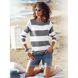 Rundhalspullover Ambria "Pullover", Damen, Gr. 36, grau (grau, wei&szlig;), 100% Polyacryl, gemustert, gestreift, figurumspielend, Pullover Rundhalspullover