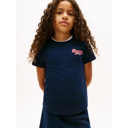 T-Shirt Tommy Hilfiger "TOMMY GRAPHIC FLOCK TEE S/S", M&auml;dchen, Gr. 5 (110), blau (schwarz night navy), Single Jersey, Obermaterial: 60% Baumwolle, 40% Polyester, unifarben, regular fit normal, Rundhals, eingesetzt abgesteppte Kante, Shirts T-Shirt, Kinder bis 16 Jahre, Druck