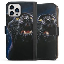 DeinDesign iPhone 13 Pro Max Handy Klapph&uuml;lle Handyh&uuml;lle aus Kunst Leder schwarz Flip Case Panther Animals Jungle Sideflip mit langer Lasche
