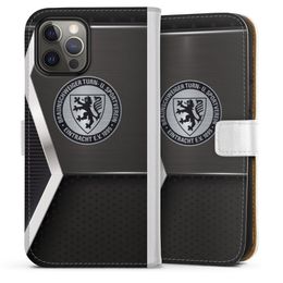 DeinDesign iPhone 12 Pro Max Handy Klapph&uuml;lle Handyh&uuml;lle aus Kunst Leder wei&szlig; Flip Case Eintracht Braunschweig Metallic Look Official Licensed Product Sideflip 
