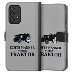 DeinDesign Galaxy A33 5G Handy Klapph&uuml;lle Handyh&uuml;lle aus Kunst Leder schwarz Flip Case Funny Tractor Farmer Sideflip mit langer Lasche