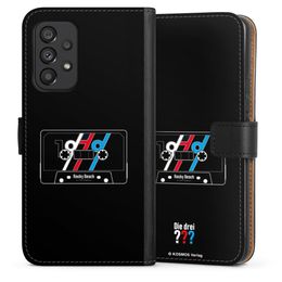 DeinDesign Galaxy A53 5G Handy Klapph&uuml;lle Handyh&uuml;lle aus Kunst Leder schwarz Flip Case Official Licensed Product Cassette Die Drei ??? Sideflip mit langer Lasche