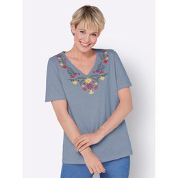 V-Shirt Classic Basics "Kurzarm-Shirt", Damen, Gr. 38, blau (bleu), 100% Baumwolle, gebl&uuml;mt, gemustert, mehrfarbig, V-Ausschnitt, Shirts