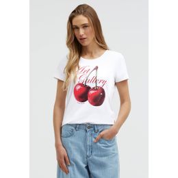 Rundhalsshirt SENSES.THE LABEL, Damen, Gr. XL, wei&szlig;, Single Jersey, Material: 95% Baumwolle, 5% Elasthan, bedruckt, slim fit normal, Rundhals, eingesetzt gerader Abschluss, Shirts Rundhalsshirt, mit Baumwolle
